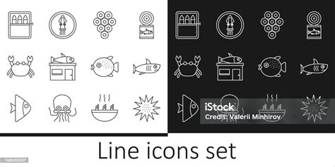 성게 상어 캐비어 해산물 가게 게 생선 통조림 복어 문어를 접시 아이콘에 설정합니다 벡터 갈고리 발톱에 대한 스톡 벡터 아트 및 기타 이미지 Istock