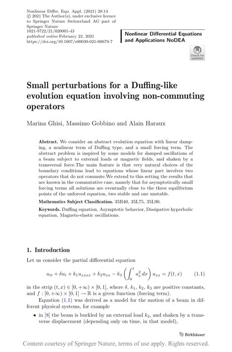 Small Perturbations For A Duffing Like Evolution Equation Involving Non Commuting Operators
