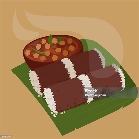인도 아침 식사 Puttu와 병아리 완두콩 카레 에 바나나 잎 0명에 대한 스톡 벡터 아트 및 기타 이미지 0명 건강한