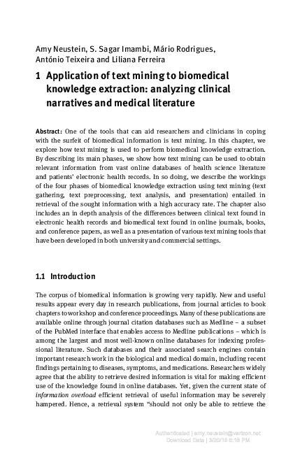Pdf 1 Application Of Text Mining To Biomedical Knowledge Extraction Analyzing Clinical