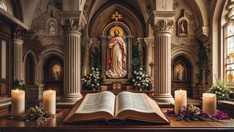 Open Bible Lying On Altar In Church With Jesus Statue And Lit Candles Stock Illustration