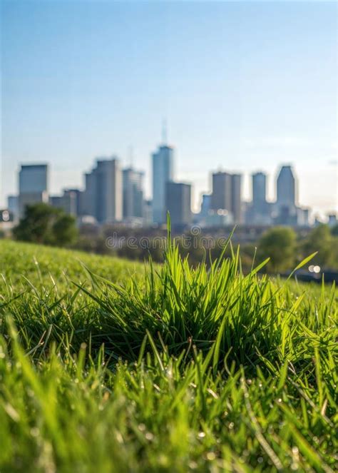 Patch Green Grass Foreground Blurred Cityscape Background Urban