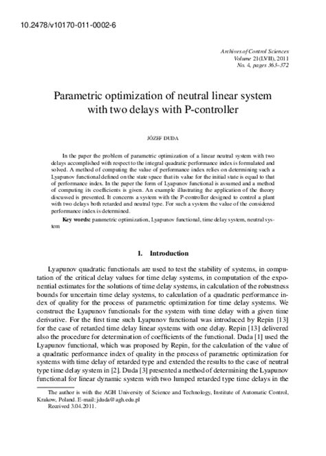 Pdf Parametric Optimization Of Neutral Linear System With Two Delays