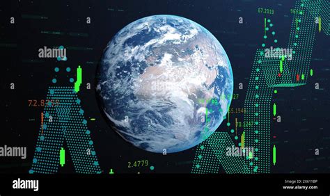 Image Of Multiple Graphs With Changing Numbers And Globe Against Black
