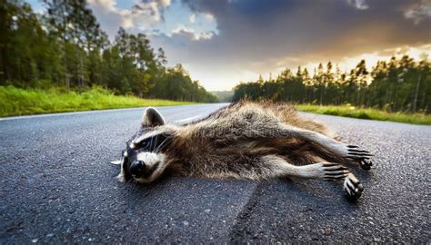 Dead Raccoon Fox Nyctereutes Procyonoides At Roadside Dusk A Stark