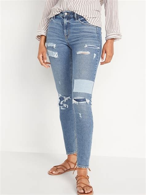 Old Navy Mid Rise Rockstar Super Skinny Patchwork Ripped Jeans For Women