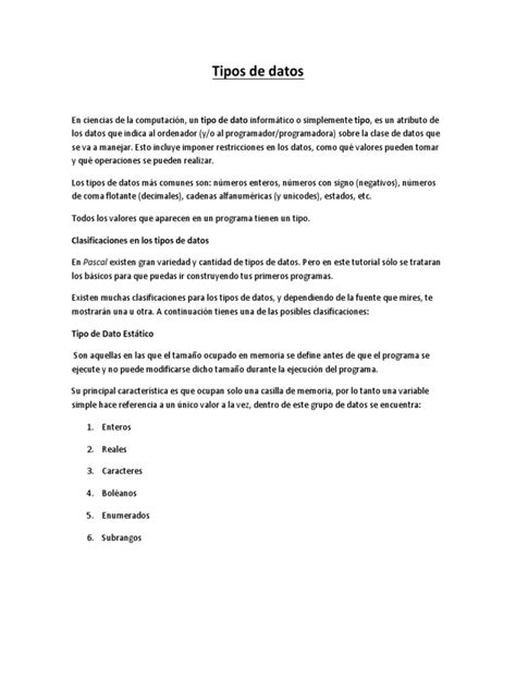 Tipos De Datos En Programación Pdf Tipo De Datos Cadena Informática