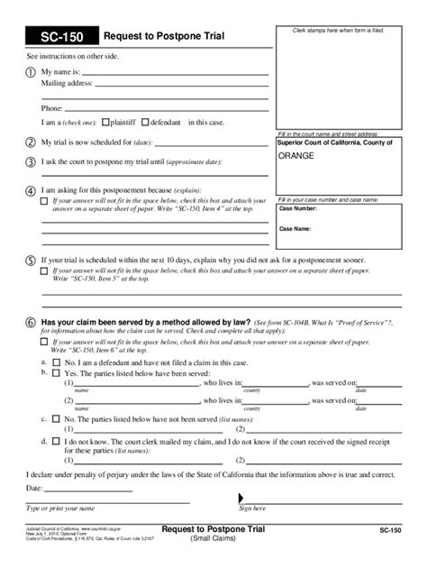 Fillable Online Small Claims Request To Postpone Trial Self Help