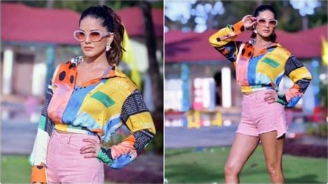 Sunny Leone In Multicoloured Top Shorts Is A Splash Of Colours On