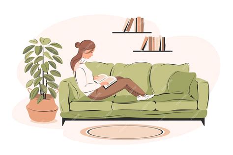 Premium Vector Woman Reading Book Sitting On A Sofa Student Or