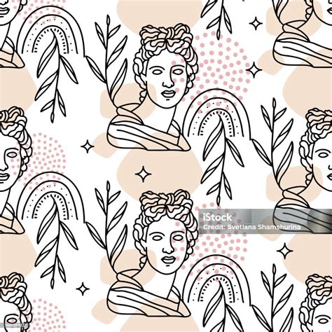 골동품 그리스 흉상 조각 원활한 패턴 꽃 요소가있는 추상적 인 Shpes 섬유 배경 벽지 포스터 템플릿에 대한 손으로 그린 벡터 일러스트 레이 션 아폴로에 대한 스톡 벡터