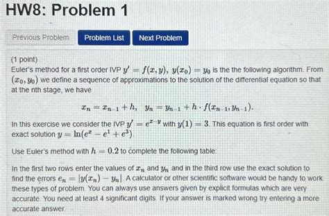 Solved 1 Point Eulers Method For A First Order Ivp