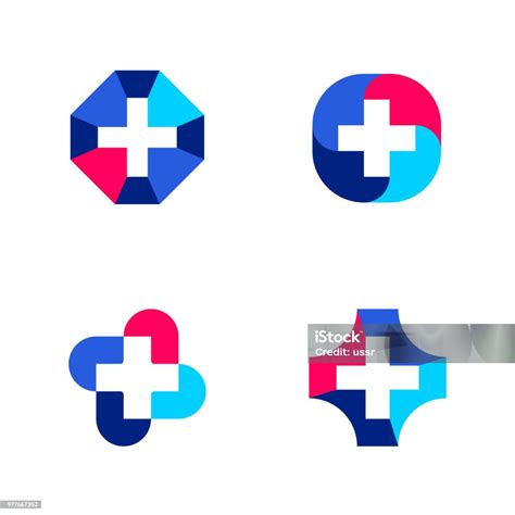 추상적인 의료 또는 약국 로고 마크 템플릿 또는 크로스와 아이콘 집합 0명에 대한 스톡 벡터 아트 및 기타 이미지 0명