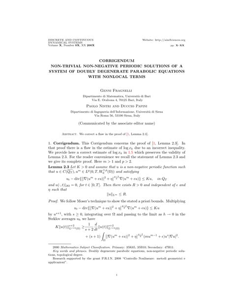Pdf Corrigendum Nnon Trivial Non Negative Periodic Solutions Of A System Of Doubly Degenerate