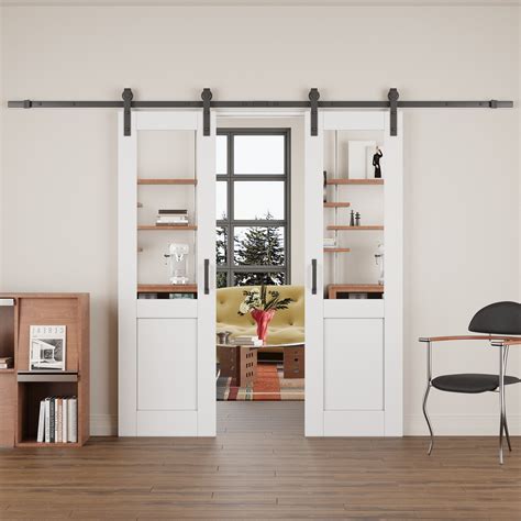Home Worthy Half Glass Mirrored Primed Sliding Barn Door With
