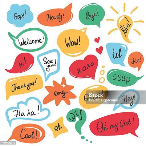 Hand Drawn Speech Bubbles Set In Flat Design With Messages向量圖形及更多omg圖片