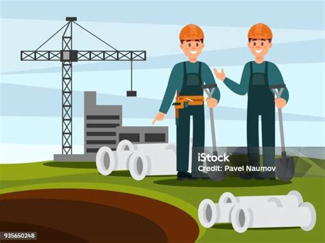 건설 노동자 바지와 삽 및 자연 배경 평면 벡터 일러스트 레이 션에 Pvc 파이프로 서 보호 헬멧 남자에 대한 스톡 벡터 아트 및 기타 이미지 Istock