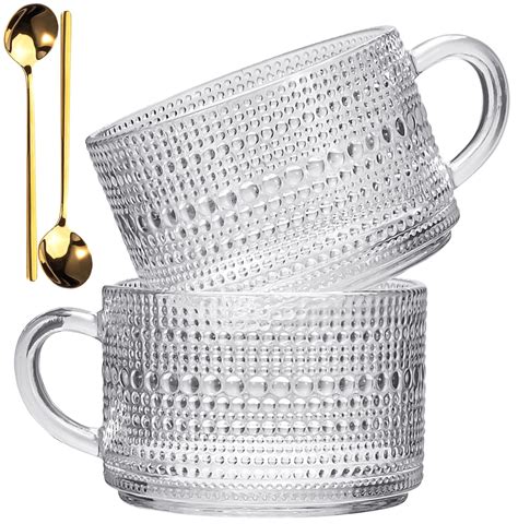 LUECMO Vintage Coffee Tea Cups 4 Pack 14 Oz Glass Tea Coffee Mugs