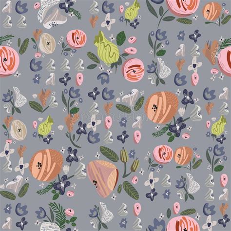 Seamless Floral Pattern Vector Abstact Flowers On Grey Background Illustration With Roses