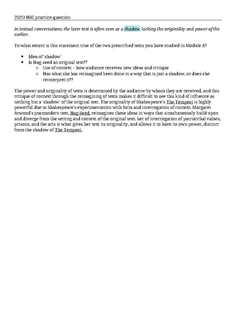 2020 Hsc Practice Question 2020 Hsc Practice Question In Textual Conversations The Later Text