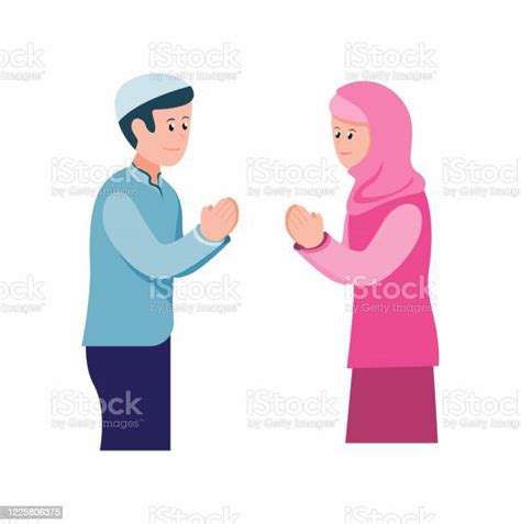 穆斯林 男孩和女孩問候對方在齋月穆斯林傳統平插圖載體孤立在白色背景向量圖形及更多開齋節圖片 開齋節 慶祝 伊斯蘭教 Istock