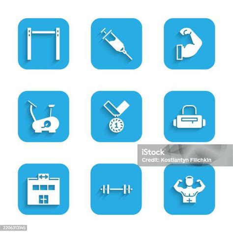 메달 바벨 보디빌딩 근육 스포츠 가방 체육관 건물 고정식 자전거 및 수평 막대 아이콘을 설정합니다 벡터 3위에 대한 스톡 벡터 아트 및 기타 이미지 Istock