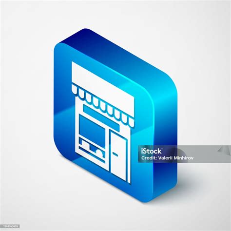 회색 배경에 격리 된 아이소메트릭 쇼핑 건물 또는 시장 상점 아이콘 쇼핑 건설 파란색 사각형 버튼입니다 벡터 일러스트레이션 3차원 형태에 대한 스톡 벡터 아트 및 기타