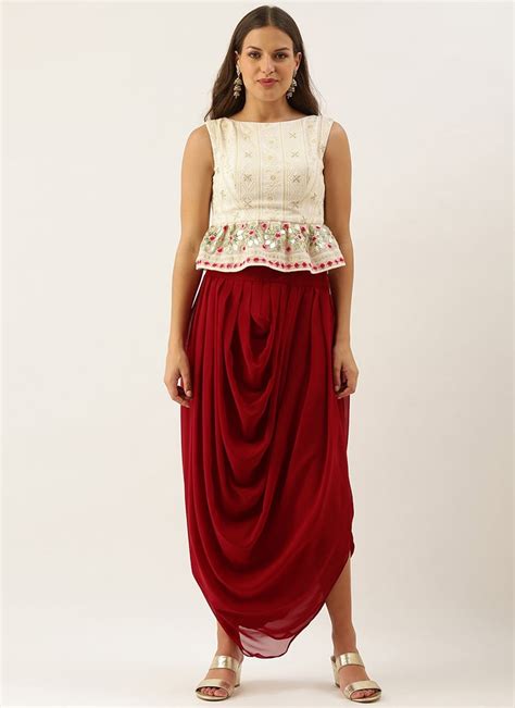 Shop Off White Embroidered N Maroon Crop Top N Skirt Festive Wear