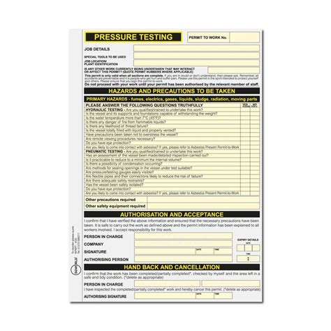 Pressure Testing Permit To Work Packs Of 5 — Sg World In 2024