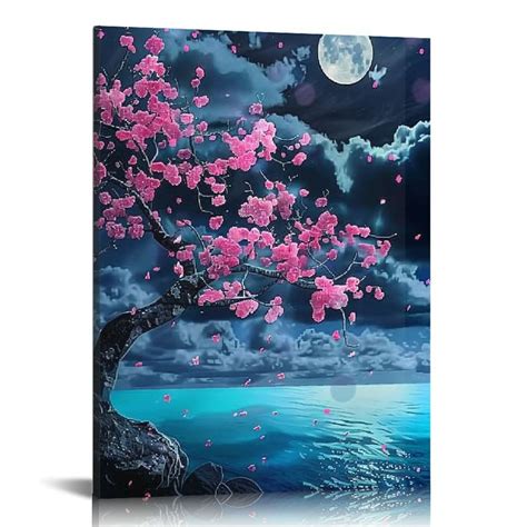 Fumj Canvas Art Wall Decor Framed Wall Art Plum Blossom Moon Ocean Art