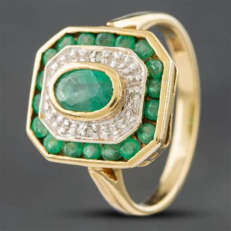 Second Hand 9ct Yellow Gold Emerald And Brilliant Cut Diamond Hexagon