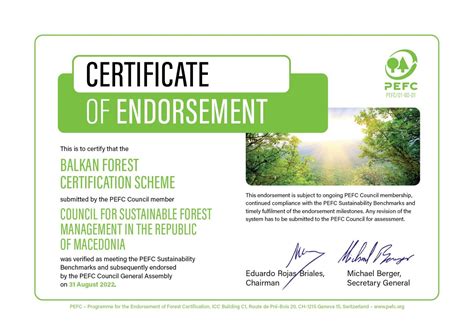 Certificate For Endorsement Of The Balkan Forest Certification System