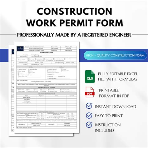 Construction Work Permit Form Permit To Work Form Safety Inspection