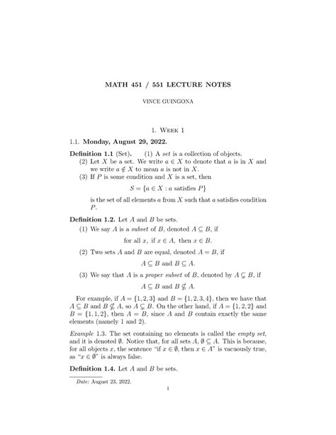451 Week One Lecture Notes MATH 451 551 LECTURE NOTES VINCE
