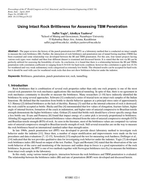 Pdf Using Intact Rock Brittleness For Assessing Tbm Penetration