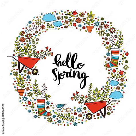 Hello Spring Spring Pattern Frame Wreath Isolated Vector Objects