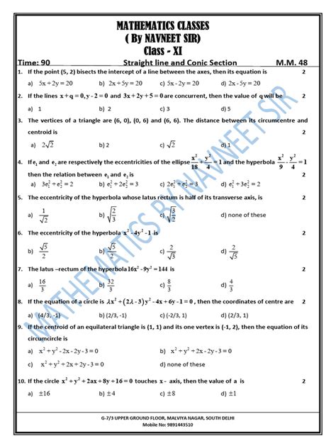 Class Xi Straight Line And Conic Section Pdf Euclidean Plane Geometry Analytic Geometry