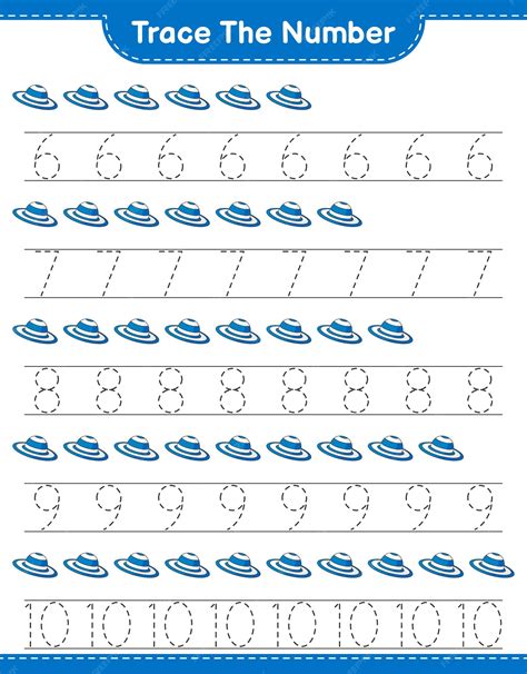 Summer Hat Educational 어린이 게임 인쇄용 워크 시트로 번호 추적 번호 추적 프리미엄 벡터