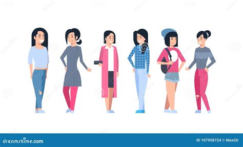 汉语年轻亚洲妇女的象被设置或佩带现代便衣全长的日本女性小组被隔绝 向量例证 插画 包括有 韩文 日语 107958724