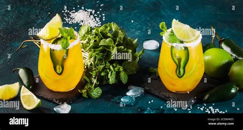 Spicy Margarita Cocktail With Tequila Mango Juice Jalapeno Pepper