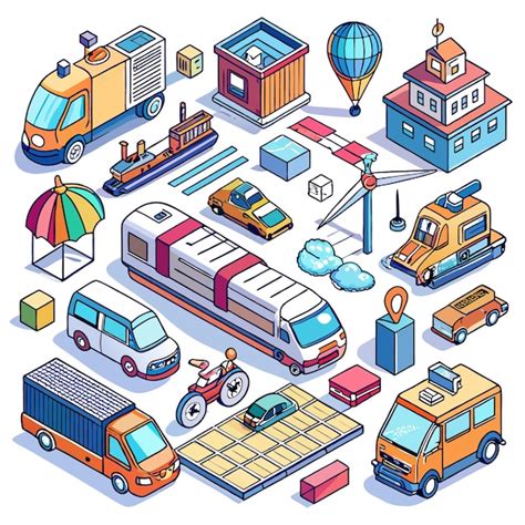 Colorful Isometric Illustrations Of Various Vehicles Buildings And Objects On A White Background