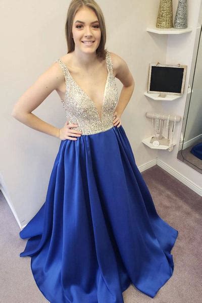 Royal Blue V Neck Beaded Satin Long Prom Dresses Royal Blue Formal Dr