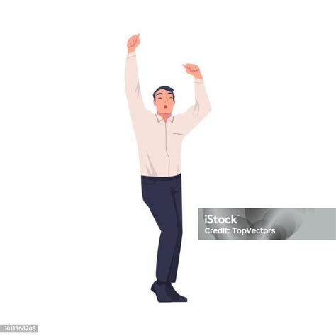 뭔가 벡터 일러스트레이션을 축하하는 기쁨과 흥분을 느끼는 남자 캐릭터 감각 지각에 대한 스톡 벡터 아트 및 기타 이미지 감각