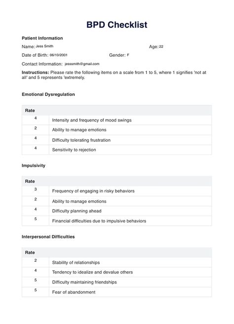 Borderline Personality Disorder Bpd Checklist Template And Example