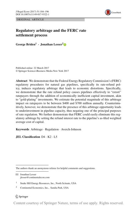Regulatory Arbitrage And The Ferc Rate Settlement Process Request Pdf