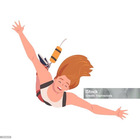 Bungee Jumping With Woman Character Free Falling Down From Great Height