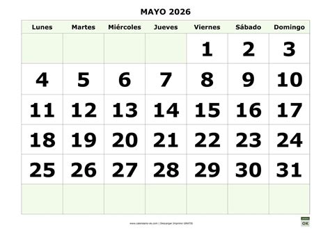 Calendario Mayo 2026 En Blanco Pdf Para Imprimir A4