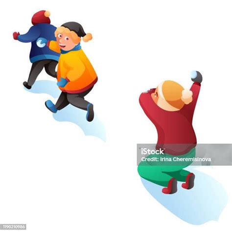 눈덩이 만화 그림을 재생 하는 어린이 아이들이 재미있어요 소년과 소녀는 눈덩이 벡터 문자를 던지고 겨울 엔터테인먼트 야외 활동 레저 액티브 레스트 컨셉 개념에 대한 스톡