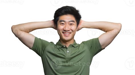 Smiling Man With Hands Behind His Head In Green Polo Shirt 48059171 Png