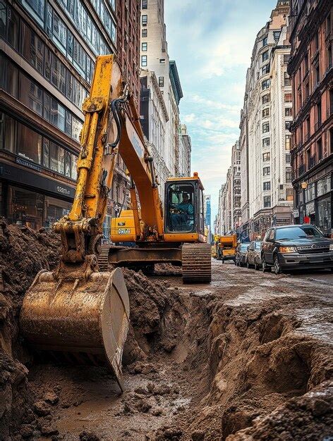 Excavator Digging Out A Foundation Next To A Bustling Urban Street